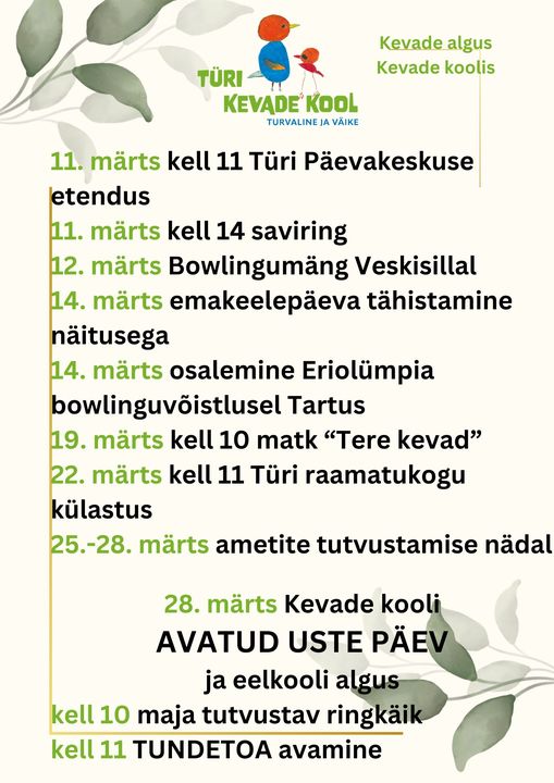 Märtsikuus toimuvad Kevade Koolis järgmised sündmused, lähem info postril: